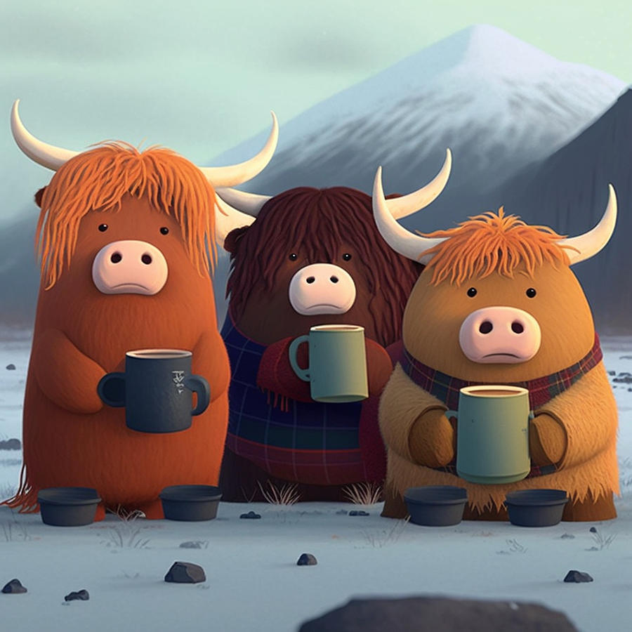 Highland cows drinking tea Digital Art by Alan Fisher - Fine Art America