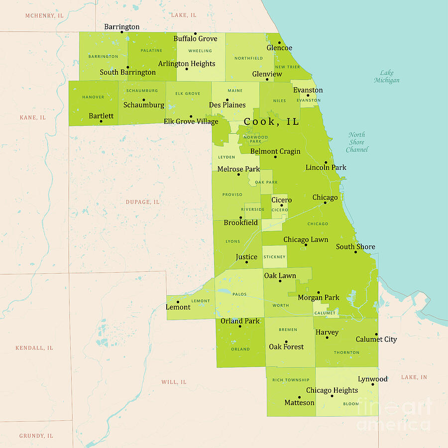 IL Cook County Vector Map Green by Frank Ramspott