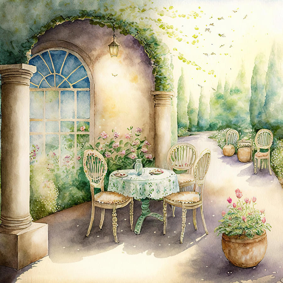 Italian Coffee Break Garden Watercolor Painting by Artop Shop - Pixels