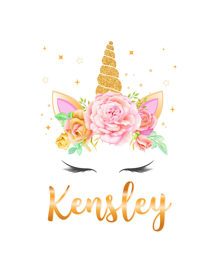 Kensley Name Unicorn Horn with flower wreath and Gold Glitter, Unicorn ...