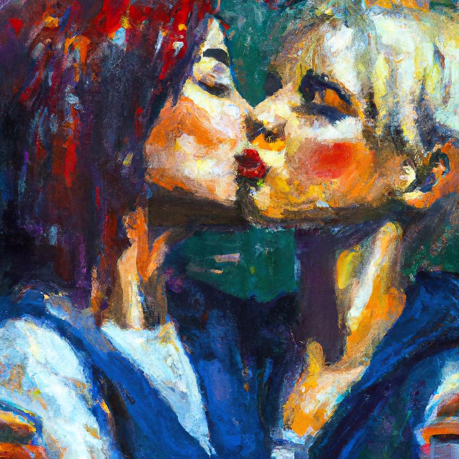 Kissing Girls Illustration. Painting Graphic Wallpaper of two kissing girls Impression. Kiss of ...