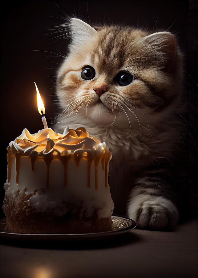 Kitten with Birthday Cake and Candle Digital Art by Lily Malor - Fine Art America