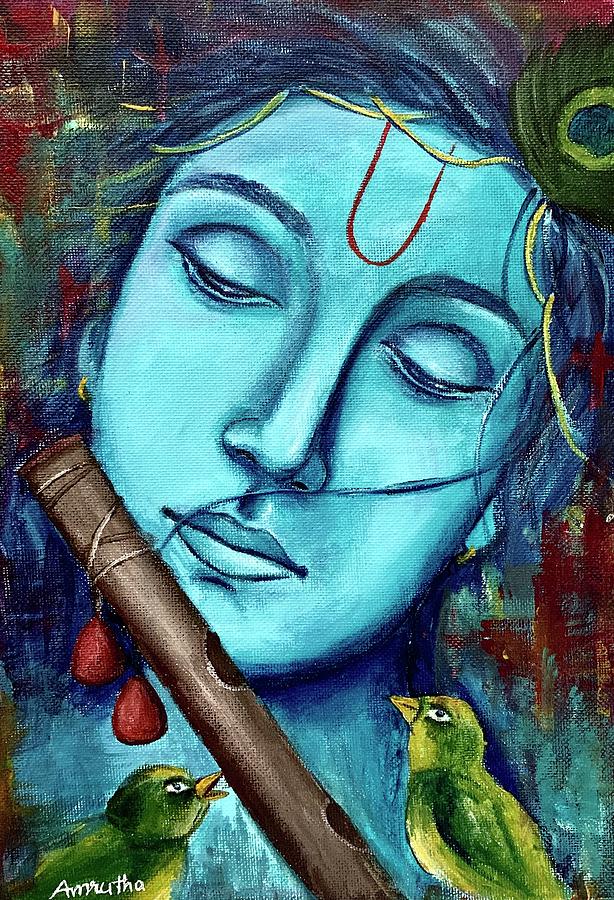 Krishna with birds Painting by Amrutha Studio - Pixels