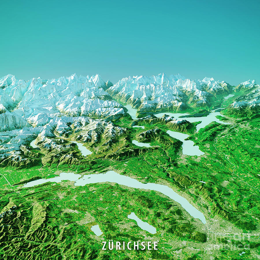 Lake Zurich Topographic Map 3D View Winter Color Digital Art by Frank Ramspott - Fine Art America