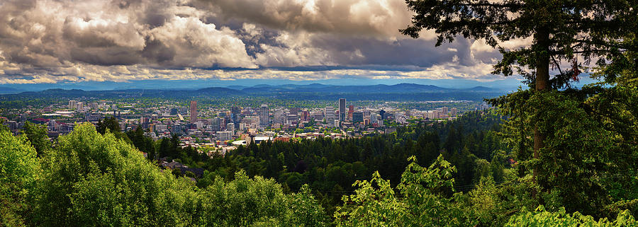 Large panorama of Portland skyline in Oregon from Pittock Mansion ...