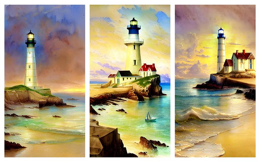 Lighthouse Triptych Digital Art by Tim Kieper - Pixels