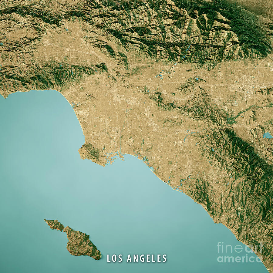 Los Angeles Satellite Topographic Map 3D Render True Color by Frank Ramspott