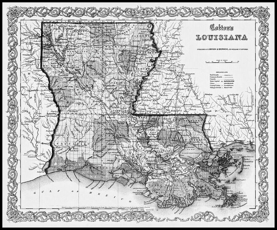 Louisiana Vintage Map 1855 Black and White Photograph by Carol Japp ...