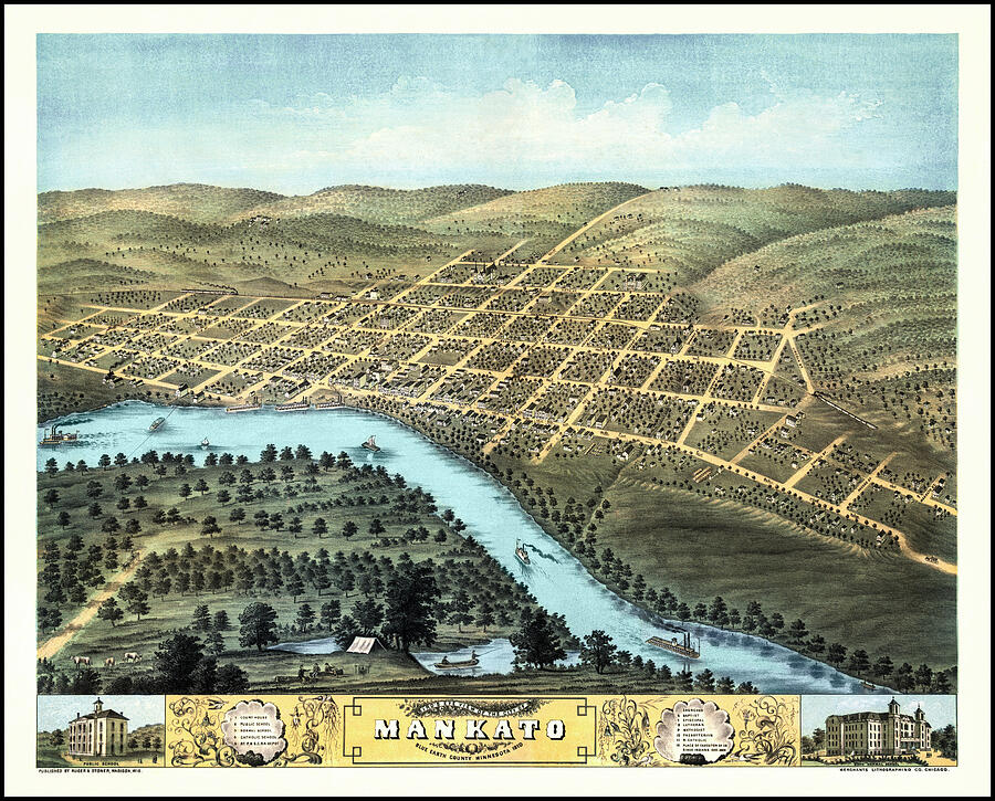 Mankato Minnesota Vintage Map Birds Eye View 1870 Photograph by Carol ...