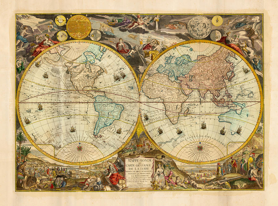 Mappe Monde ou Carte Generale De La Terre Divisee En Deux Hemispheres Wall Map Old Color Paris ...