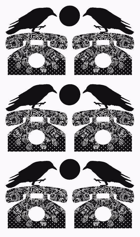 Modern Crow on Retro Phone Pattern Art in Strong Black and Whitw ...