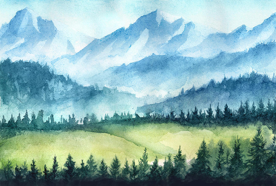 Mountains landscape. Watercolor illustration. Drawing by Julien - Fine ...