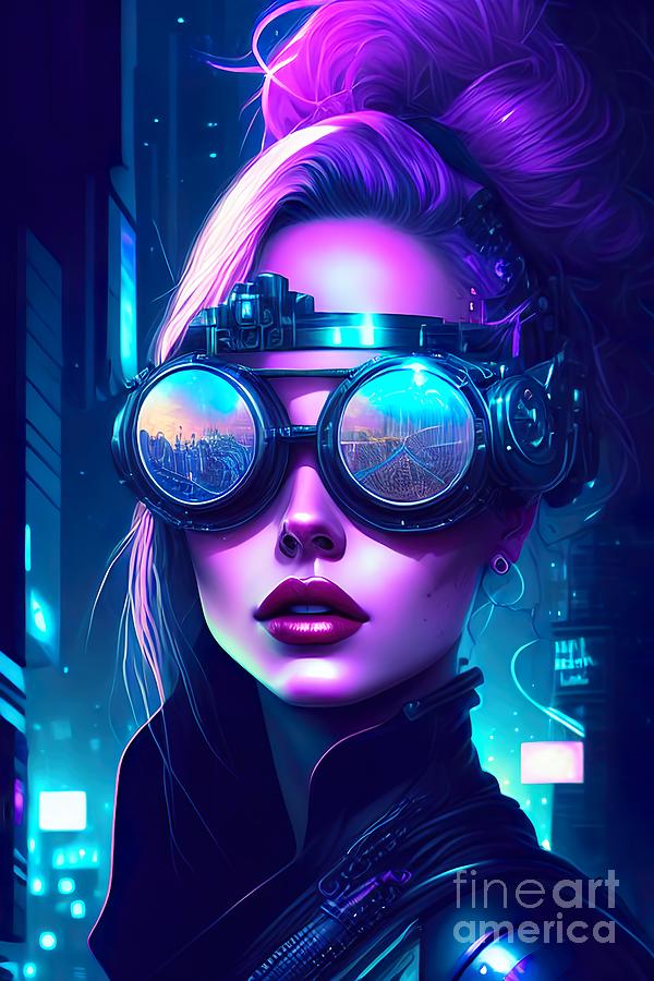 Neon Cyberpunk Girl With Goggles Digital Art By Adam Malanox Fine Art