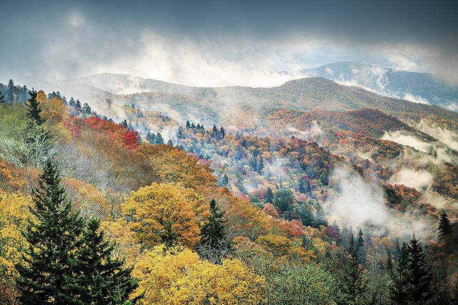 Newfound Gap Sunrise with Smoke and Fall Colors Photograph by Mike ...