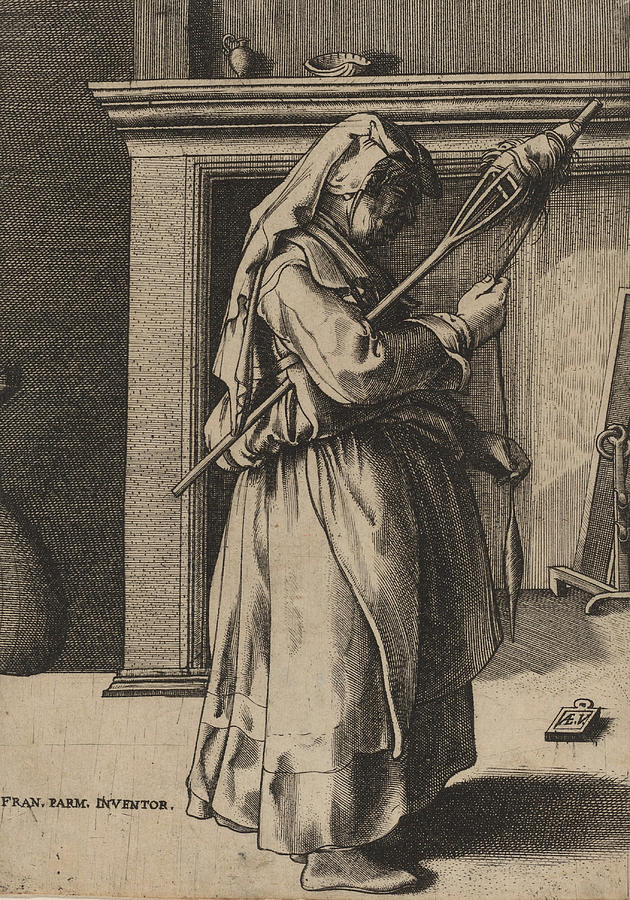 Old Woman with a Distaff Drawing by Enea Vico after Parmigianino - Fine ...