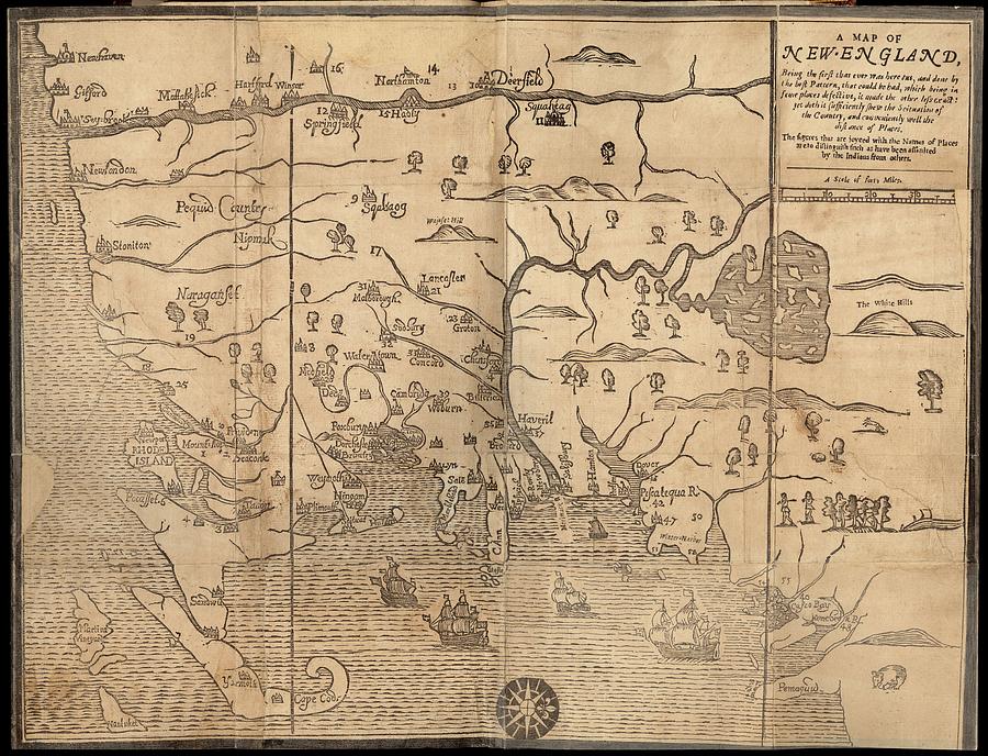 One of The First Maps Of New England, 1677 Drawing by John Foster ...