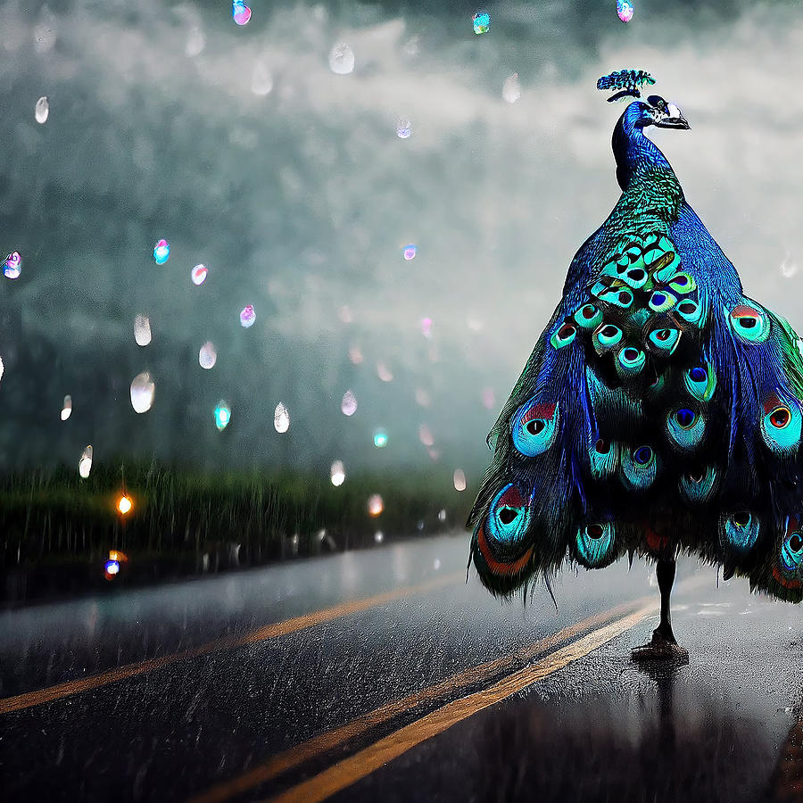 Peacock Standing On The Road In Rain And Thunder Illustration Ar