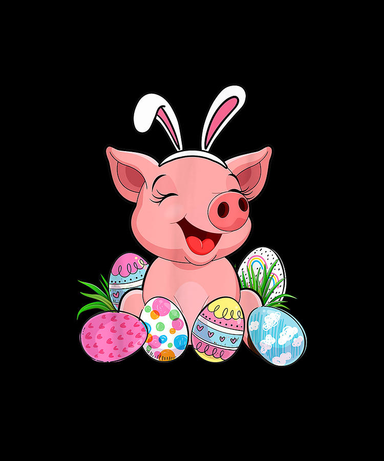 Pig And Bunny Rabbit Hat Playing Easter Eggs Happy Day Drawing by ...