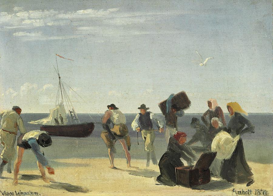 Rejsende fra Anholt pa vej fra stranden ud til et afventende sejlskib ... Rejsende fra Anholt pa vej fra stranden ud til et afventende sejlskib ...
