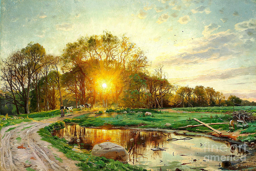 Remastered Art The Sun Sets Behind The Trees Summer by Peder Mork Monsted 20231125 Painting by ...