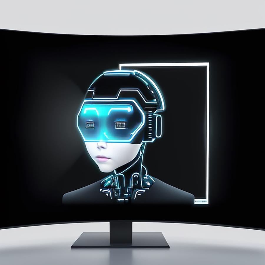 Robot humanoid in front of computer monitor. 3D illustration. Digital ...