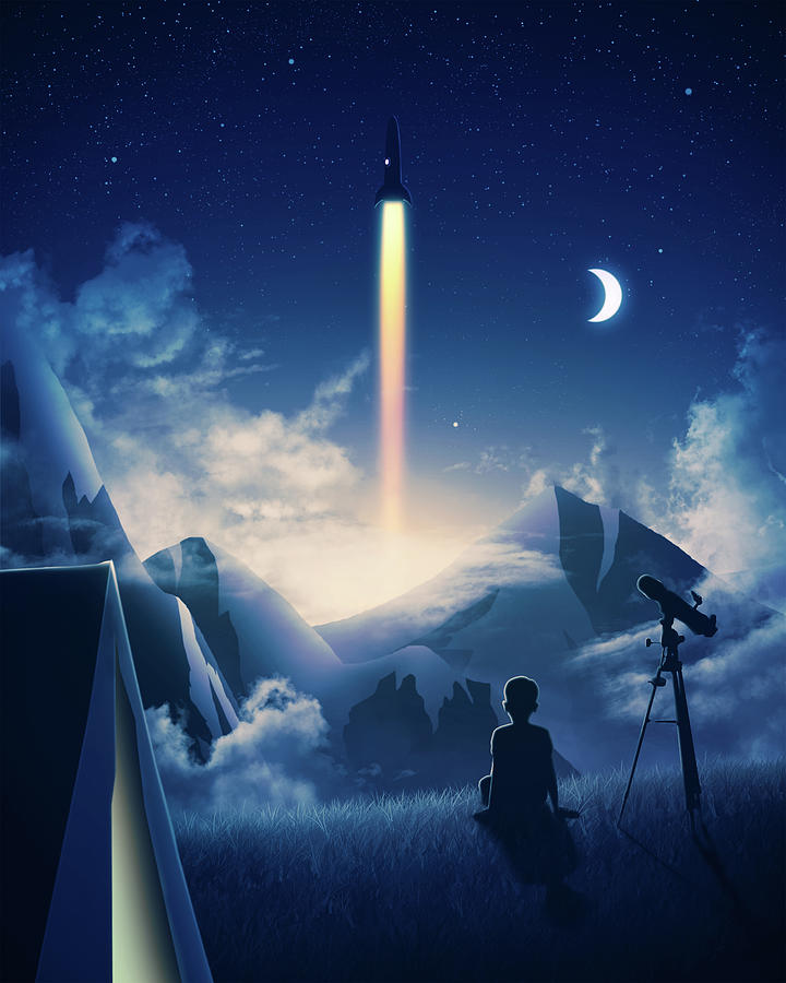 Rocket Launch 2 Night Digital Art by DrawingWithMouse - Pixels