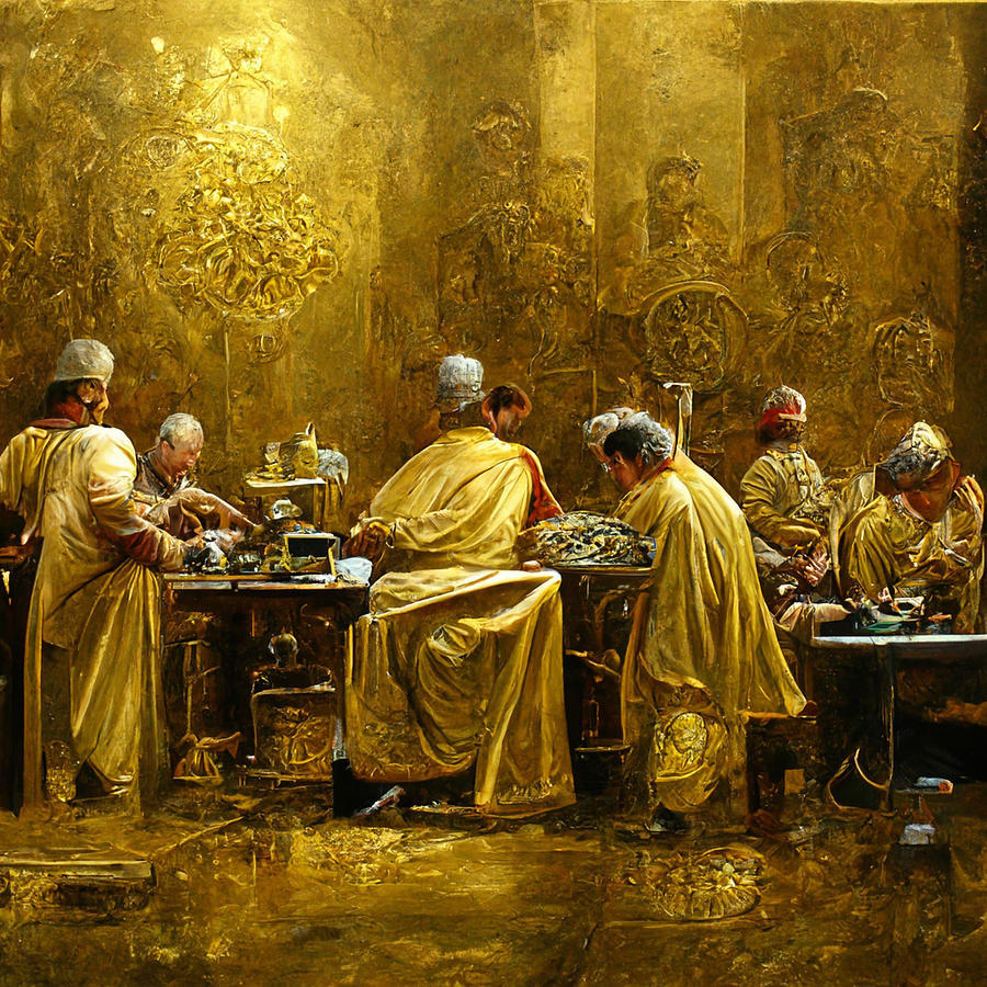 Roman Emperors Creating Gold Coins In The Style Of Oil Painting Digital ...