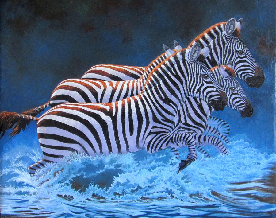 Running Zebras in the Waters Painting by Chris Thinambo | Fine Art America