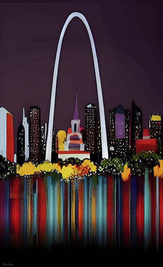Saint Louis Gateway Arch Rainbow Village Skyline Digital Art by Jon ...