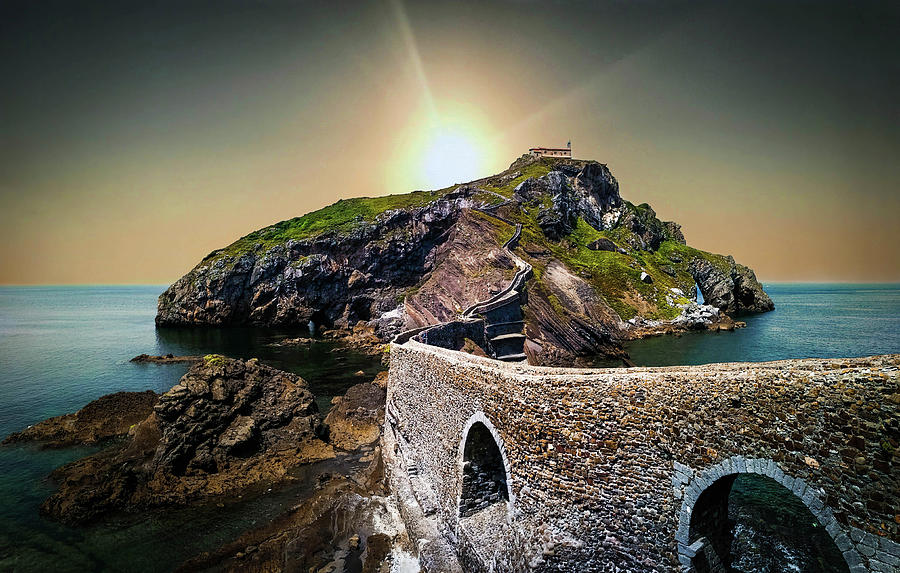 San Juan de Gaztelugatxe landscape in Spain at sunset. Tourist ...