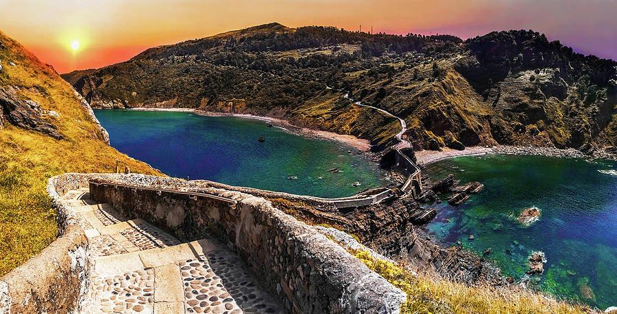 San Juan de Gaztelugatxe landscape in Spain at sunset. Tourist ...