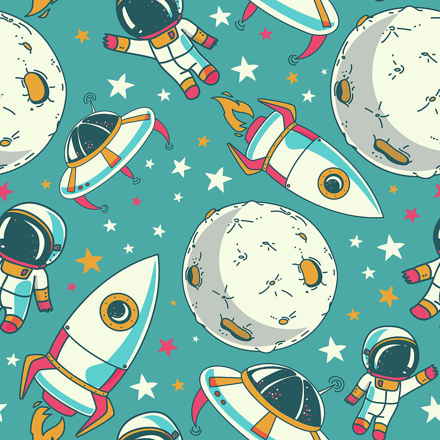 Seamless background with cute doodle astronauts, planets, spaceships ...
