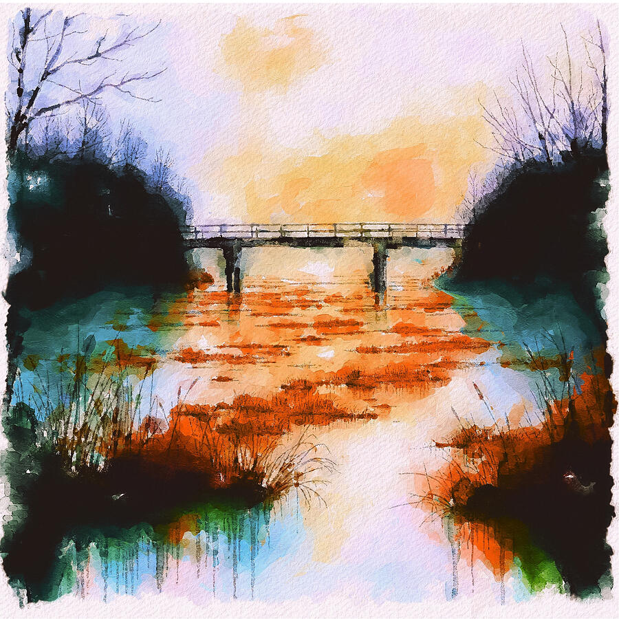 Serene River Under Sunset Bridge Digital Art by Silver Pixie - Fine Art ...