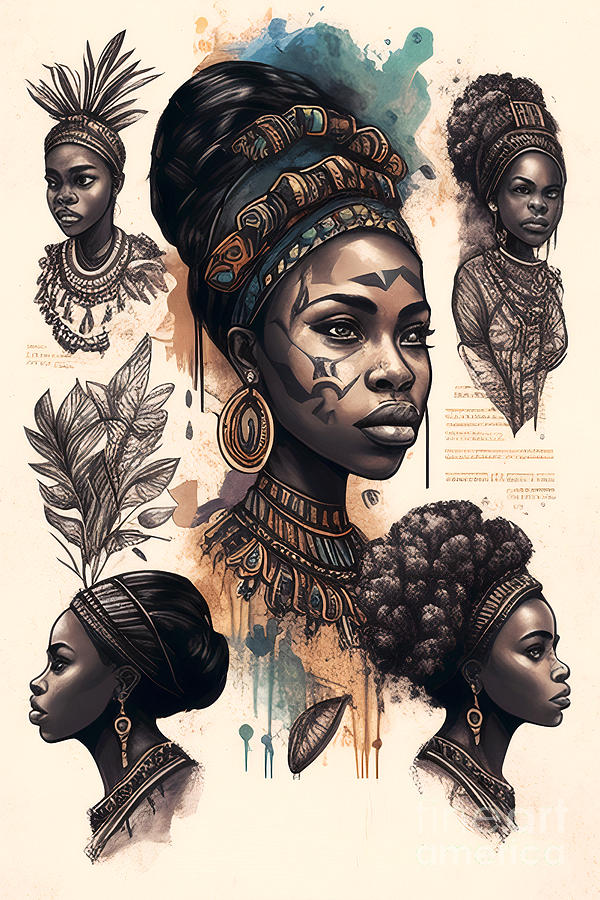 Set Of African Tribal Women Painting, Africa Watercolor Tribal Art, Contemporary Art Drawings ...