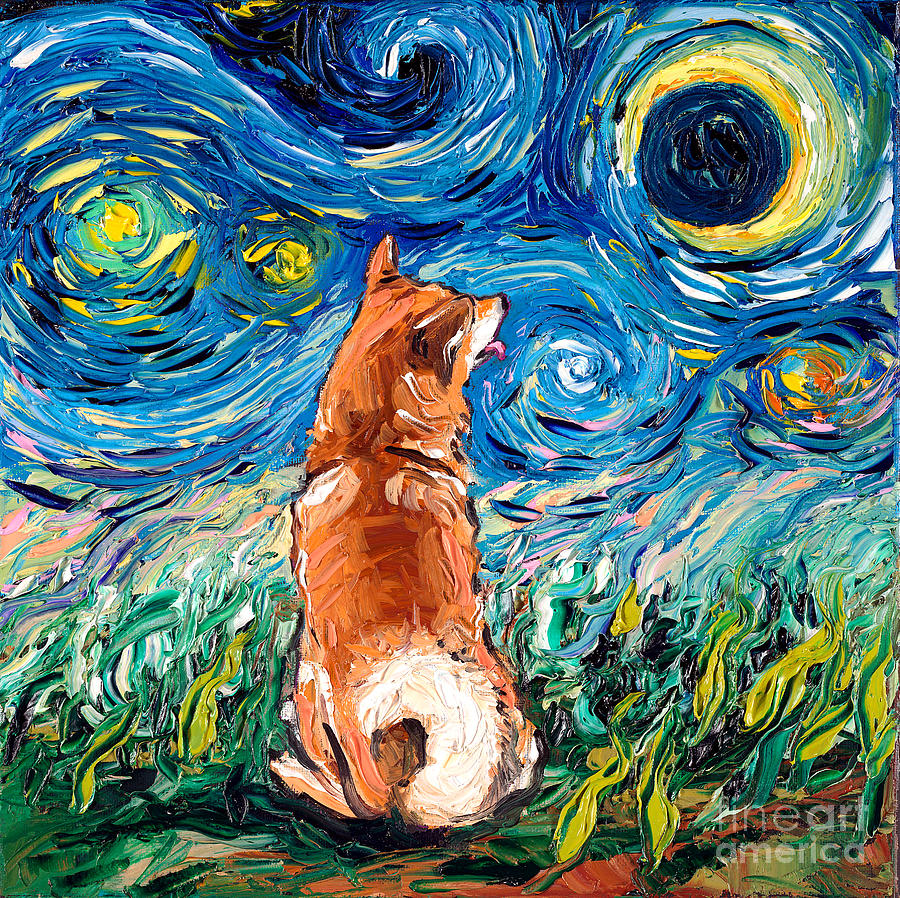 Shiba Inu Night Painting by Aja Trier - Pixels