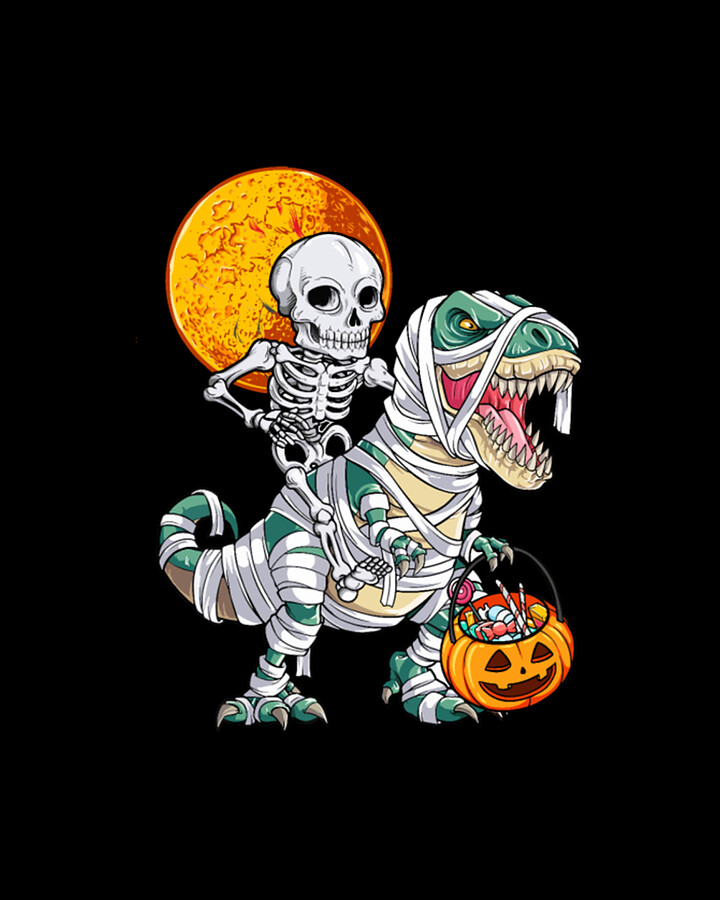 Skeleton Riding Mummy Dinosaur Trex Halloween Kids Digital Art by Tinh ...
