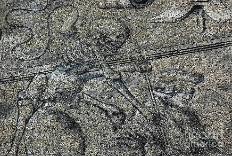 Skeleton symbolising Death grabs the staff of a judge to break his ...
