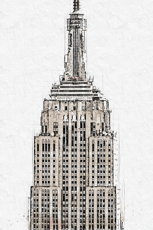 Sketch drawing of upper part of Empire State Building on white ...