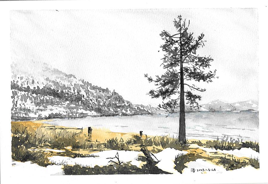 Snow, Tree and Lake Painting by Haolin Cong - Fine Art America