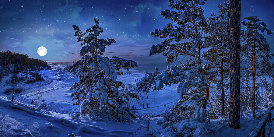 Snowy sea coast at night Photograph by Maria Vonotna - Fine Art America