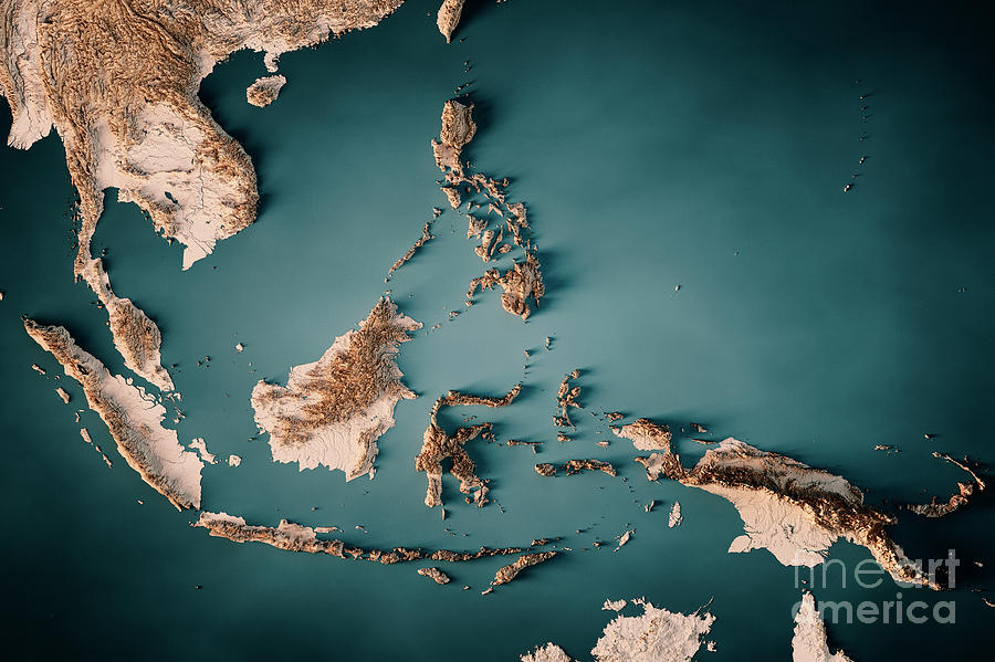 Southeast Asia Topographic Map Horizontal 3D Render Dark Ocean N ...