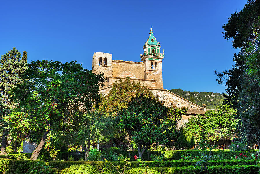 Spain Majorca, view of monastery with beautiful park in Valldemossa ...