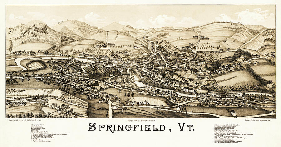 Springfield Vermont Vintage Map Birds Eye View 1886 Photograph by Carol ...
