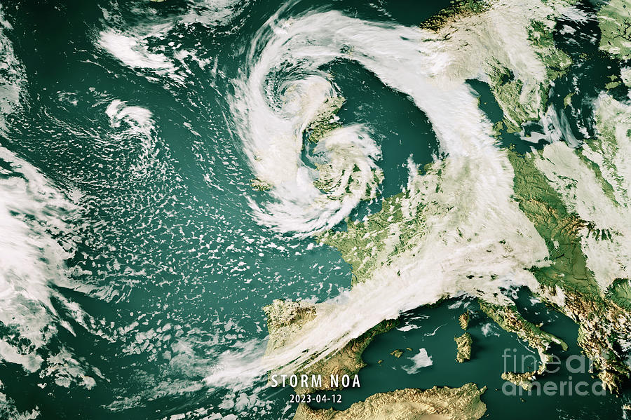 Storm Noa 2023 Cloud Map Atlantic Ocean Europe 3D Render Color Digital Art by Frank Ramspott ...