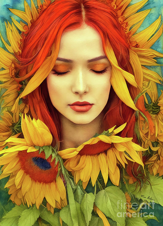 Sunflower Goddess With Red Hair Digital Art by Tina LeCour - Pixels