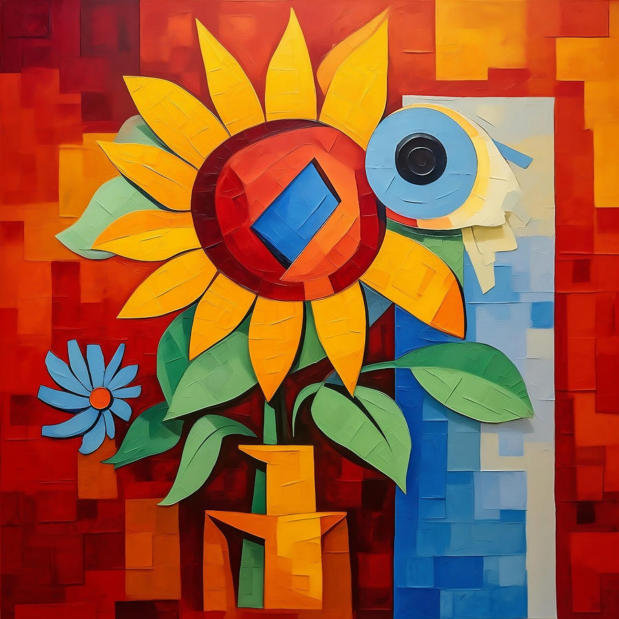 Sunflowers in Abstracted Blue Motion- Cubist Harmony Unveiled Digital Art by OlfactoArt Studio ...