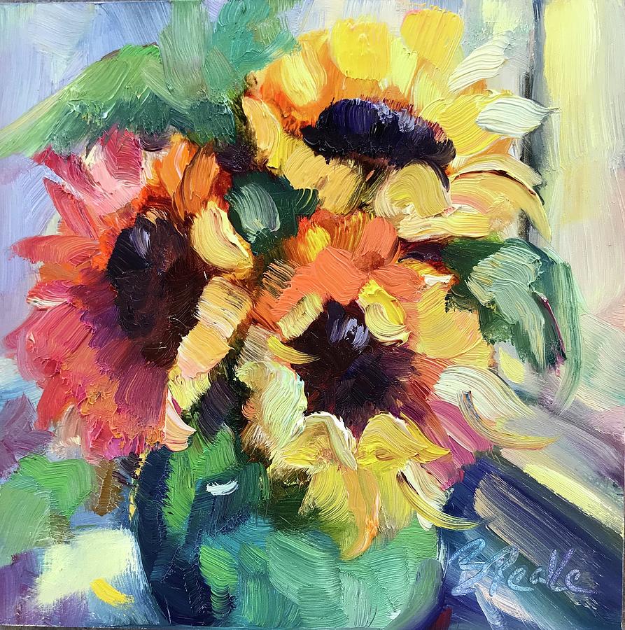 Sunflowers in teal vase Painting by Brenda Peake - Fine Art America