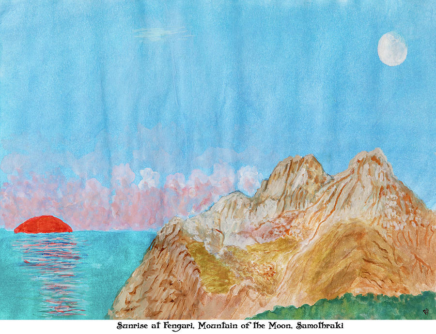 Sunrise Greeted by the Moon over Fengari, Magic Mountain in the Sea, Samothraki Painting by Ryan ...
