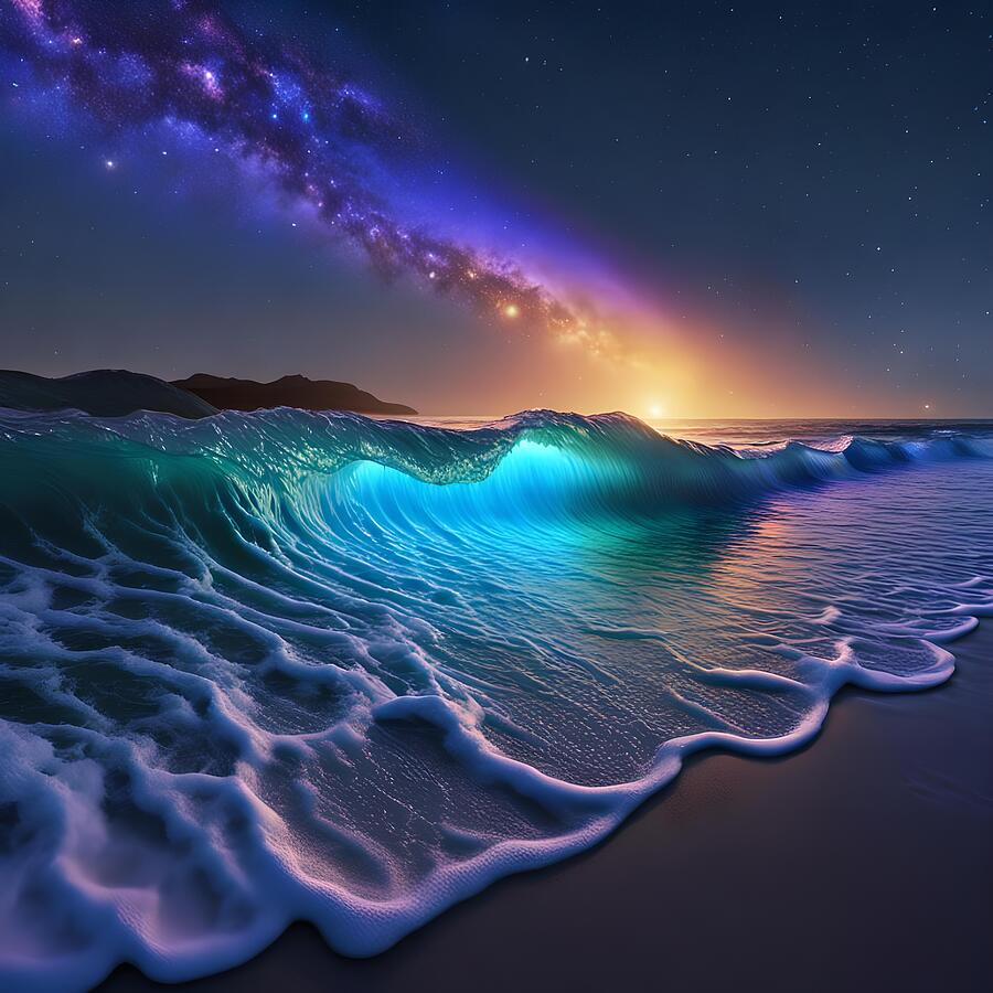 Sunset And Starry Night Sky Over A Dynamic Ocean With Cresting ...