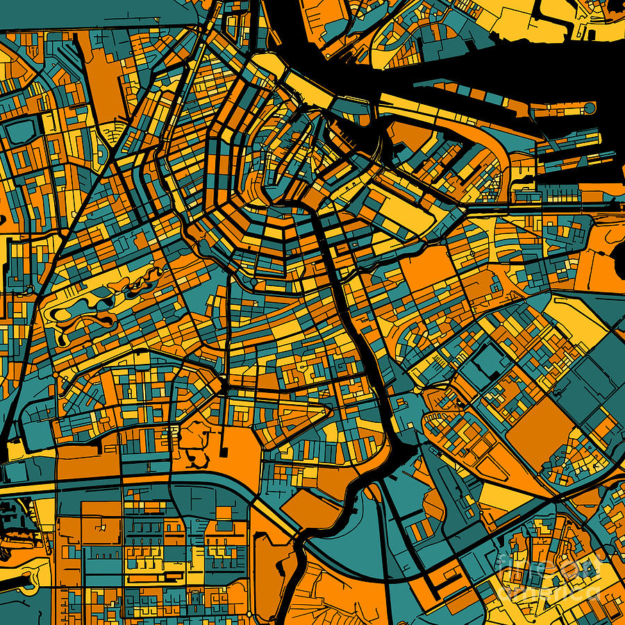 Amsterdam Netherlands map in Orange and Teal Digital Art by Pattern ...